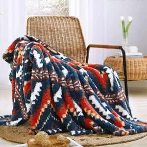 casaagusto boho sherpa throw blanket, aztec throw blanket, ultra soft, warm, cozy, plush, thick fleece bohemian throw blanket for couch, bed, sofa (navy blue 50 * 60 inch)