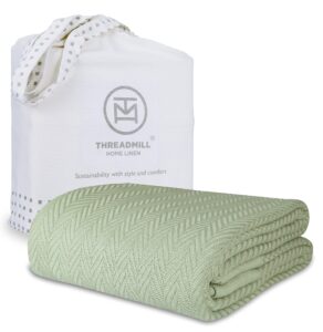 threadmill luxury cotton king size blanket | all-season cozy cotton blankets for king size bed | herringbone soft lightweight fall thermal blanket fits california king size bed 106 x 92 | sage green