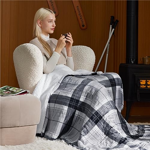 Bedsure Plaid Heated Throw Blanket - Safe Electric Flannel Blanket with Grey Plaid Pattern, Heated Blanket with 6 Heating Levels, 4 Time Settings, and 3 Hours Auto-Off (50x60 inches)