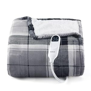 Bedsure Plaid Heated Throw Blanket - Safe Electric Flannel Blanket with Grey Plaid Pattern, Heated Blanket with 6 Heating Levels, 4 Time Settings, and 3 Hours Auto-Off (50x60 inches)