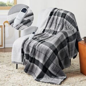 bedsure plaid heated throw blanket - safe electric flannel blanket with grey plaid pattern, heated blanket with 6 heating levels, 4 time settings, and 3 hours auto-off (50x60 inches)