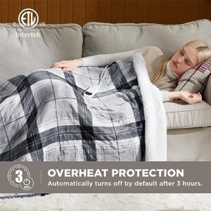 Bedsure Plaid Heated Throw Blanket - Safe Electric Flannel Blanket with Grey Plaid Pattern, Heated Blanket with 6 Heating Levels, 4 Time Settings, and 3 Hours Auto-Off (50x60 inches)