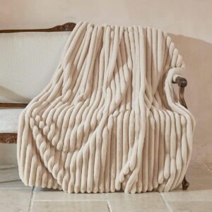 amélie home soft faux fur throw blanket for couch, warm luxurious faux rabbit fur striped throw blanket, cozy fluffy plush fur blanket for sofa chair bed living room, beige, 50"x 70"