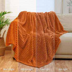 Bnuitland Burnt Orange Flannel Throw with storage pouch,300GSM Super soft Fleece Stripe Pattern sofa Blanket for Adults and Kids, Lightweight Cozy Bed Throw for home decor All season