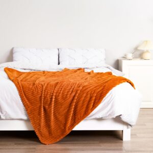 Bnuitland Burnt Orange Flannel Throw with storage pouch,300GSM Super soft Fleece Stripe Pattern sofa Blanket for Adults and Kids, Lightweight Cozy Bed Throw for home decor All season