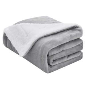 sherpa fleece throw blanket queen size - thick and warm blanket for winter, warm plush fleece reversible blanket for bed, sofa, couch, camping and travel, light grey, 90x90 inches