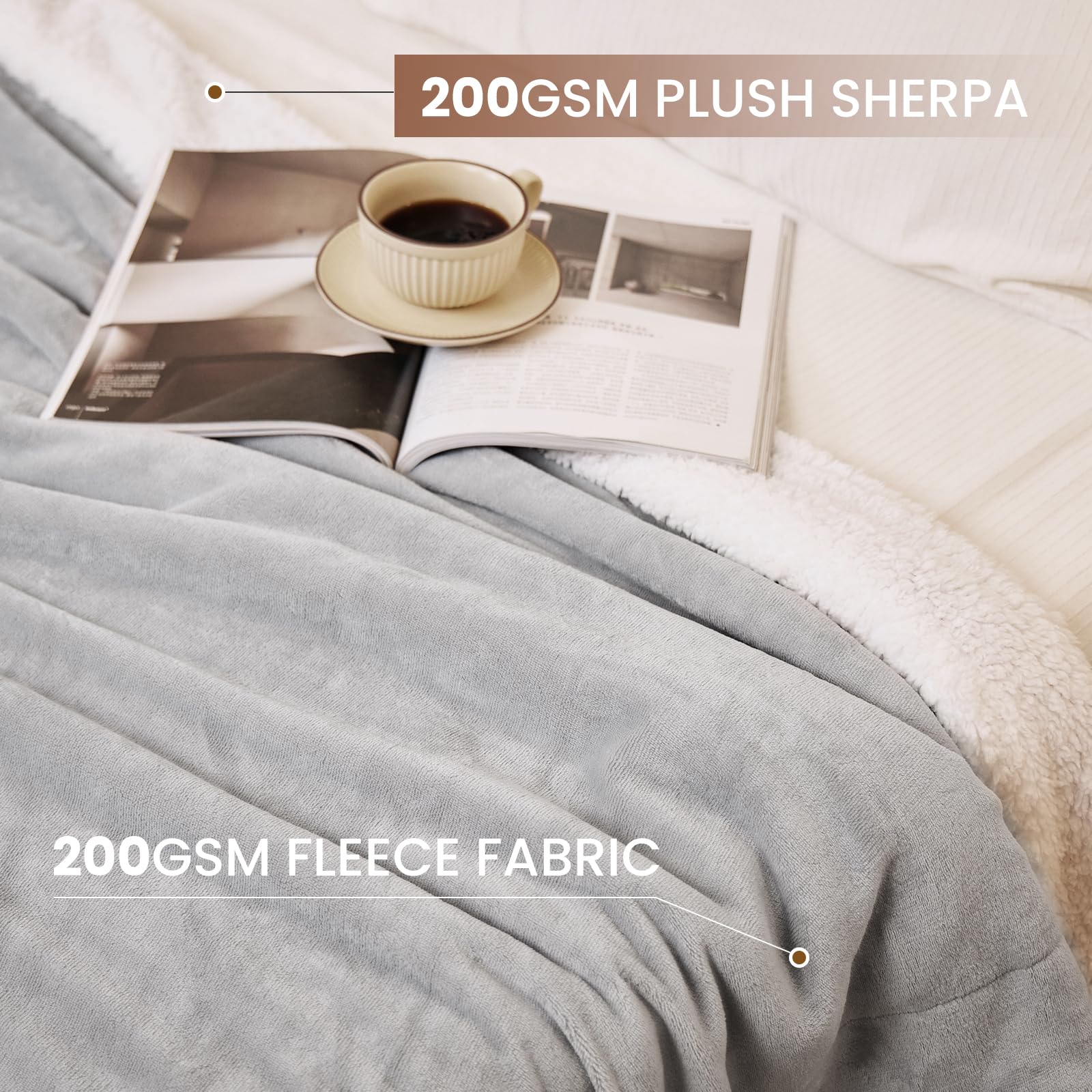 Sherpa Fleece Throw Blanket Queen Size - Thick and Warm Blanket for Winter, Warm Plush Fleece Reversible Blanket for Bed, Sofa, Couch, Camping and Travel, Light Grey, 90x90 Inches