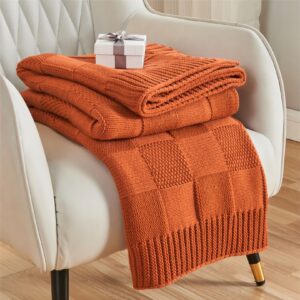 cozecube knit throw blanket,orange checkered throw blanket for couch,soft cozy warm knitted throw blanket for couch bed living room, decorative spring fall throw blanket 50"x60",rust orange