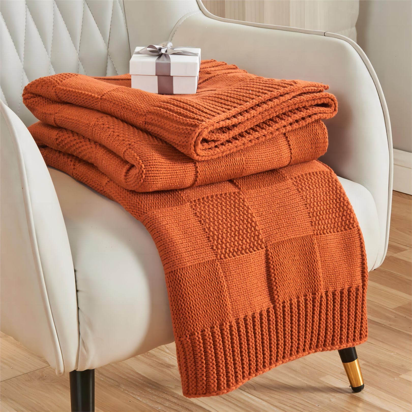 CozeCube Knit Throw Blanket,Orange Checkered Throw Blanket for Couch,Soft Cozy Warm Knitted Throw Blanket for Couch Bed Living Room, Decorative Spring Fall Throw Blanket 50"X60",Rust Orange