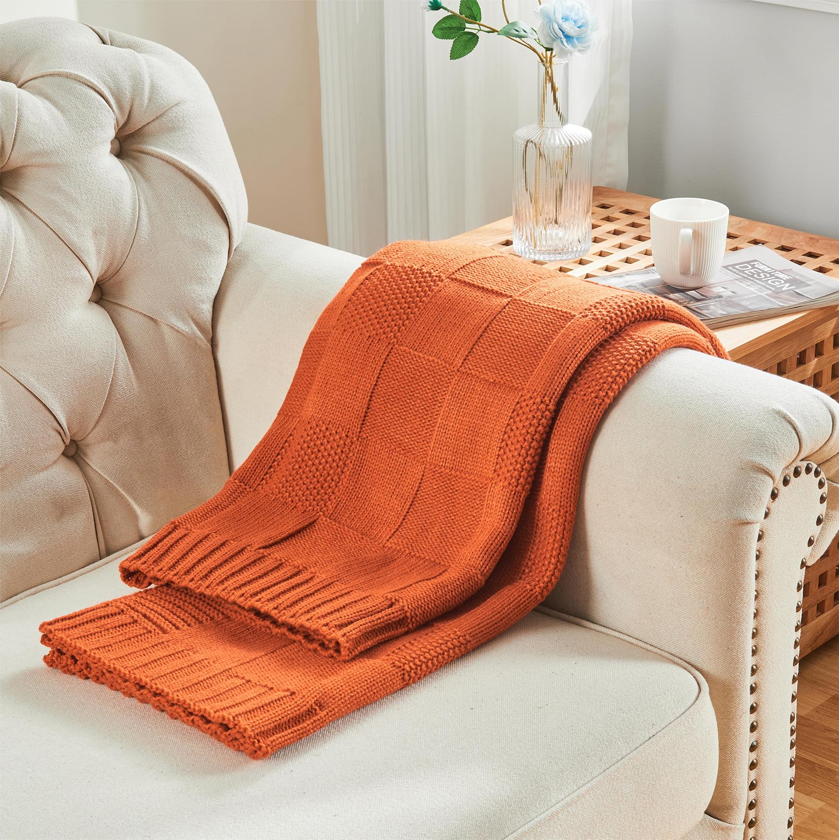 CozeCube Knit Throw Blanket,Orange Checkered Throw Blanket for Couch,Soft Cozy Warm Knitted Throw Blanket for Couch Bed Living Room, Decorative Spring Fall Throw Blanket 50"X60",Rust Orange