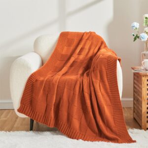 CozeCube Knit Throw Blanket,Orange Checkered Throw Blanket for Couch,Soft Cozy Warm Knitted Throw Blanket for Couch Bed Living Room, Decorative Spring Fall Throw Blanket 50"X60",Rust Orange