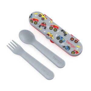 bentgo® kids utensil set - reusable plastic fork, spoon & storage case - bpa-free materials, easy-grip handles, dishwasher safe - ideal for school lunch, travel, & outdoors (trucks)