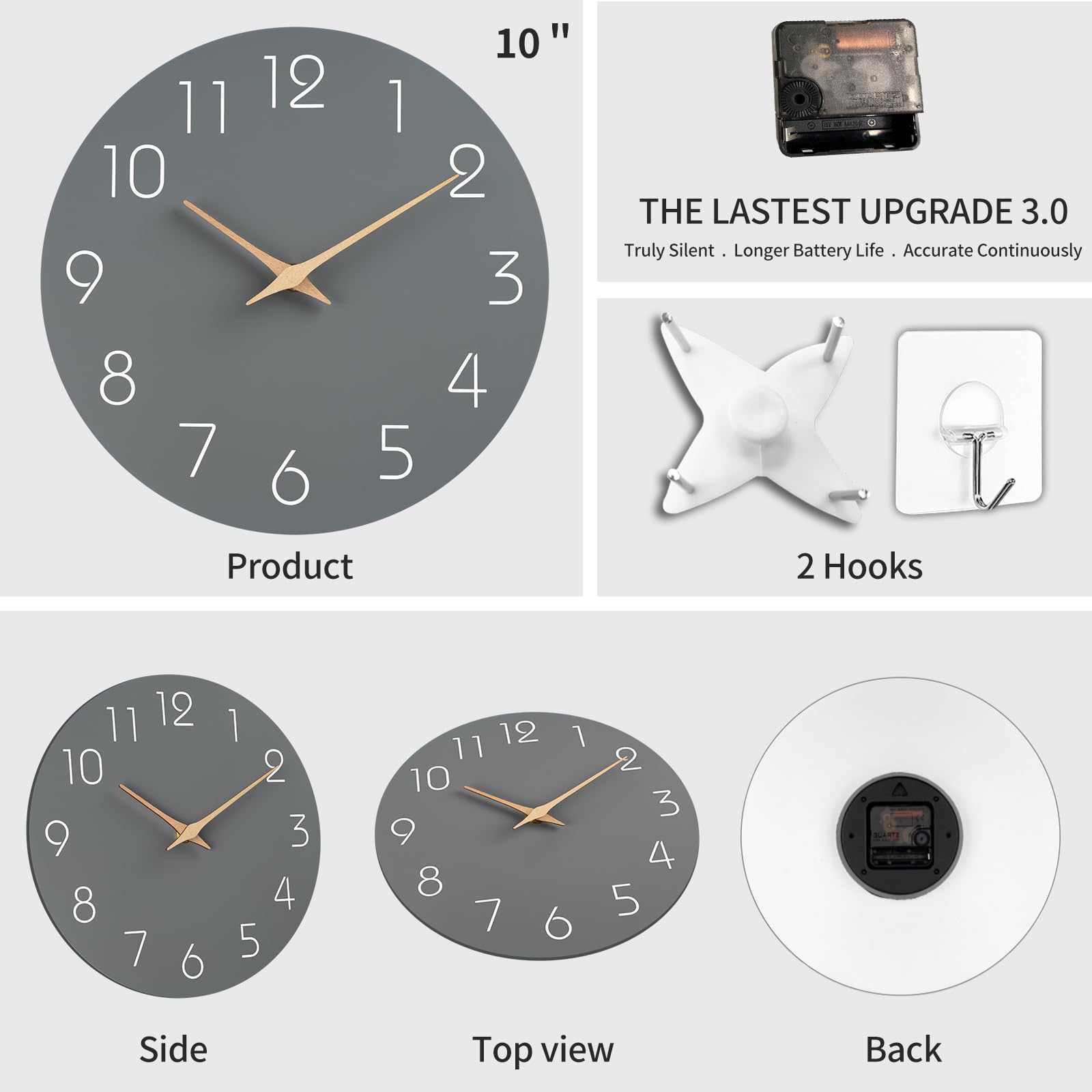 Mosewa Wall Clock Silent Non-Ticking Wall Clocks Battery Operated - 10 Inch Wood Modern Simple Clock Decorative for Kitchen, Bedroom, Bathroom, Office, Living room (Gray)