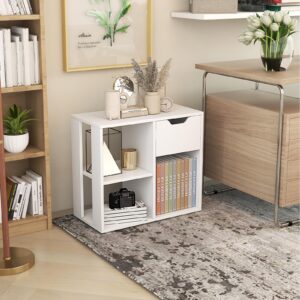 GOFLAME 3 Cube Bookcase with Drawer, Modern Simple Bookshelf Display Rack with 2-Tier Open Shelves, Multifunctional Cube Storage Shelves for Living Room, Bedroom, White