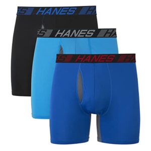 hanes men's x-temp utility pocket boxer briefs pack, total support pouch, 3-pack, awesome blue/palatinate blue/black, large