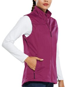 baleaf women's lightweight vest softshell sleeveless jacket windproof stand collar with zipper pockets running hiking golf rouge l