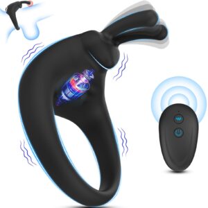 vibrating cock ring sex toys for men, silicone penis ring remote control vibrator with 10 vibrations, pozfun bunny rabbit shaped rechargeable adult toy for couples male women clitoral vibrator