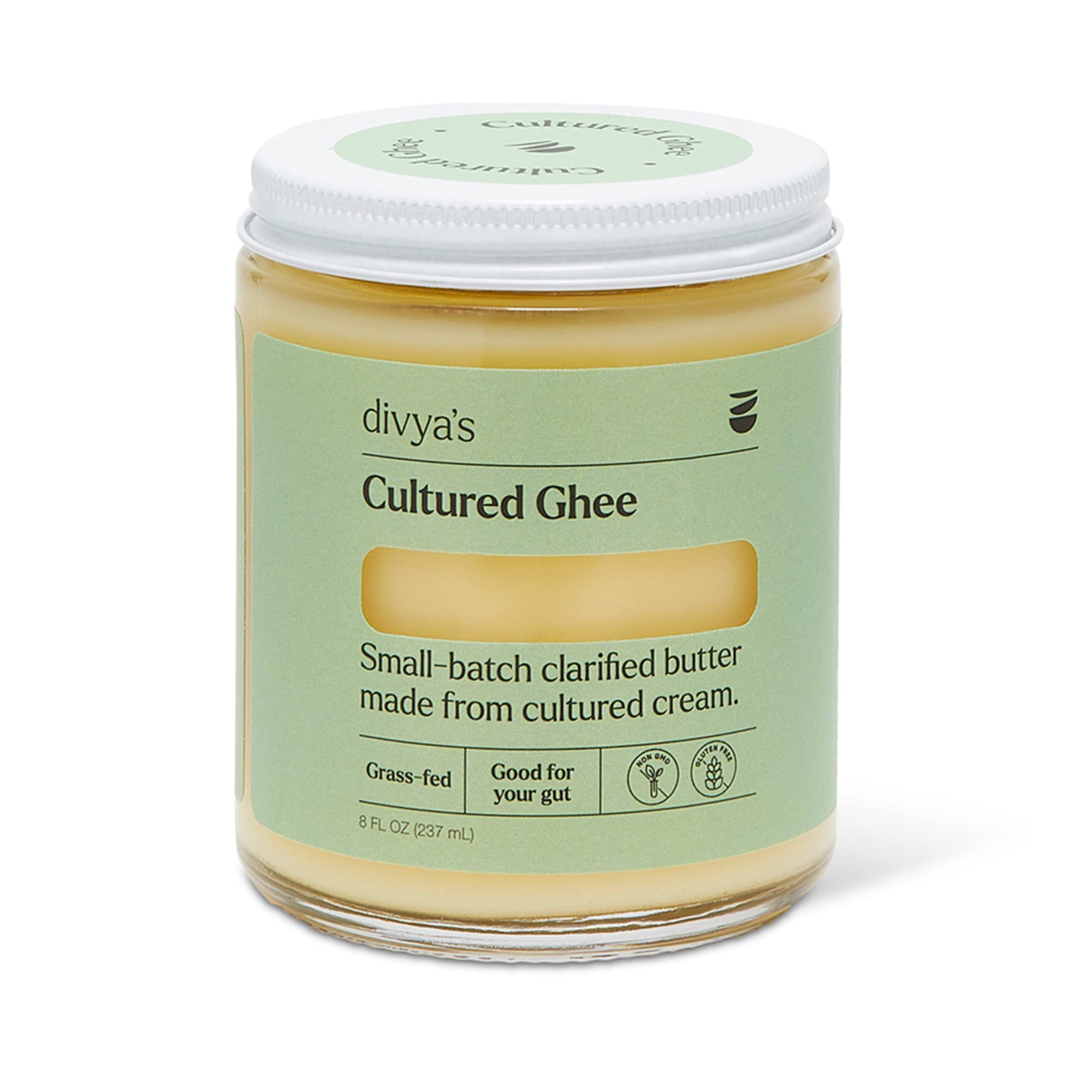 Divya's Cultured Ghee - 8 oz Grass-Fed Ghee Clarified Butter - Great For Cooking Meals & Promotes Gut Health - Non-GMO, Gluten Free, Keto Friendly, Ayurvedic Ghee Butter