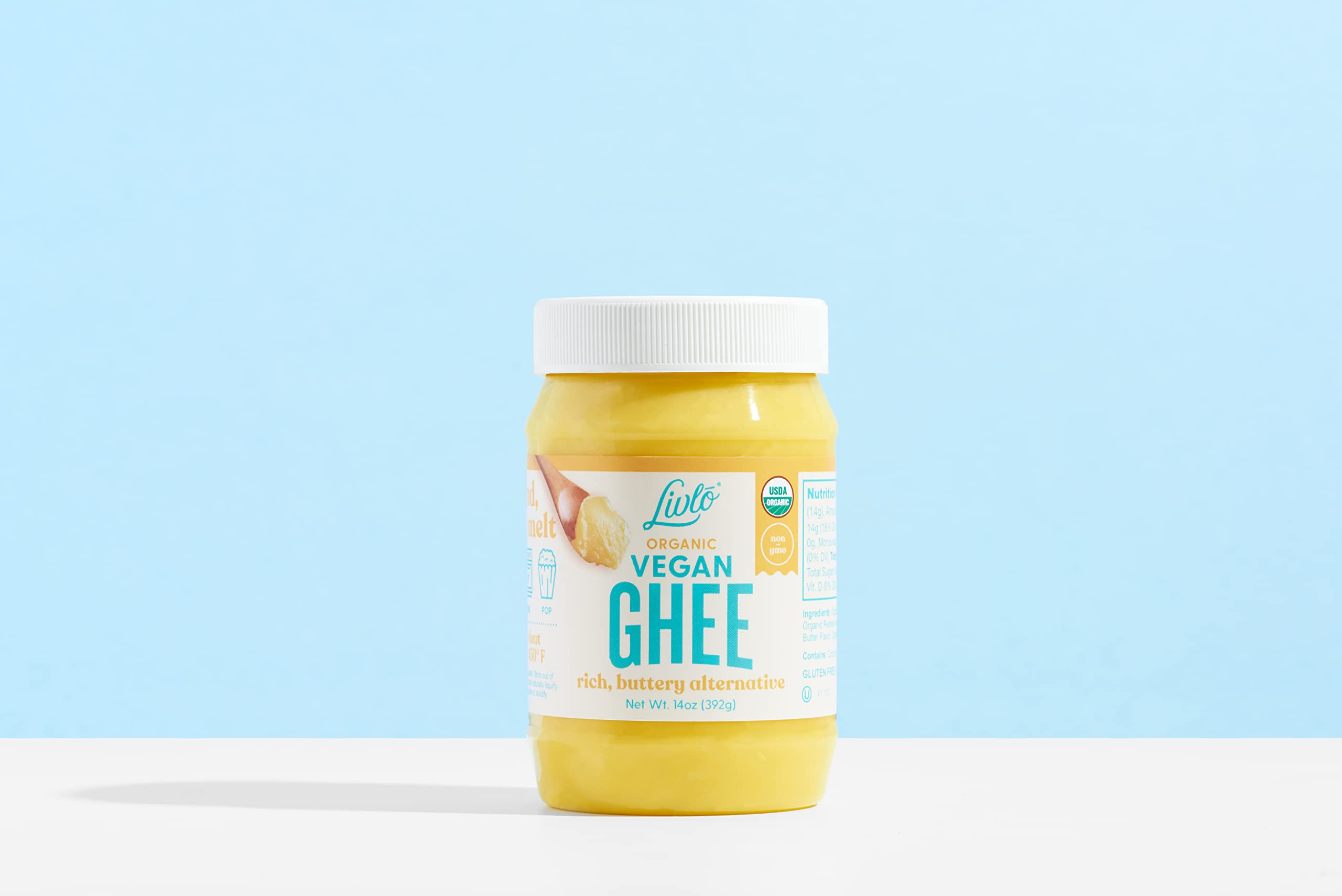 Livlo Organic Vegan Ghee - Plant Based Butter - No Refrigeration Necessary - Dairy Free, Soy Free, Gluten Free Substitute to Ghee and Butter - 14 oz.