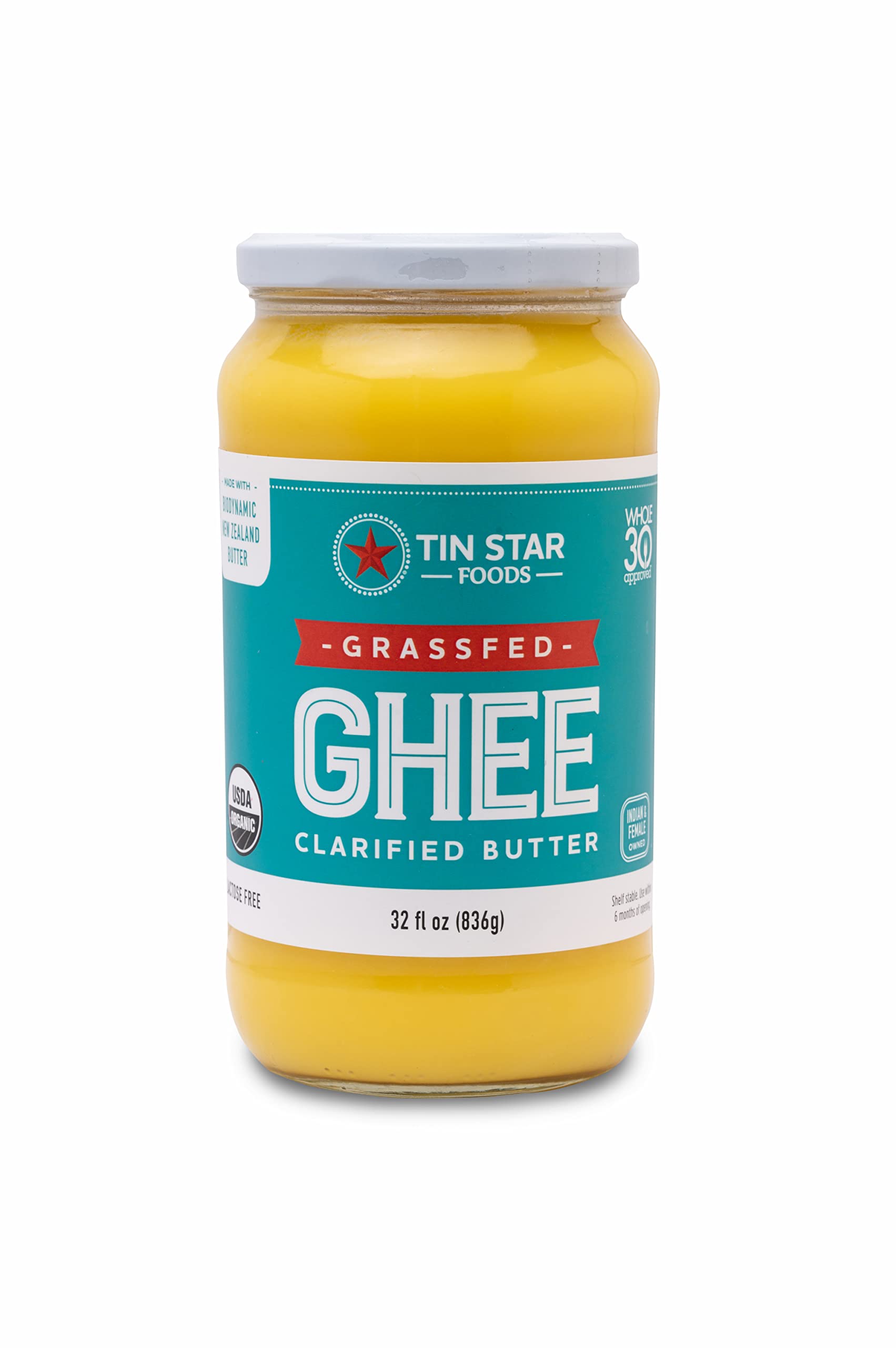 Tin Star Foods Grassfed Organic Ghee –365 Pasture Grazed, Hand Crafted Clarified Butter – Keto, Whole 30 and 21 Day Detox Approved, Lactose Free, Casein Free, – 32 fl oz