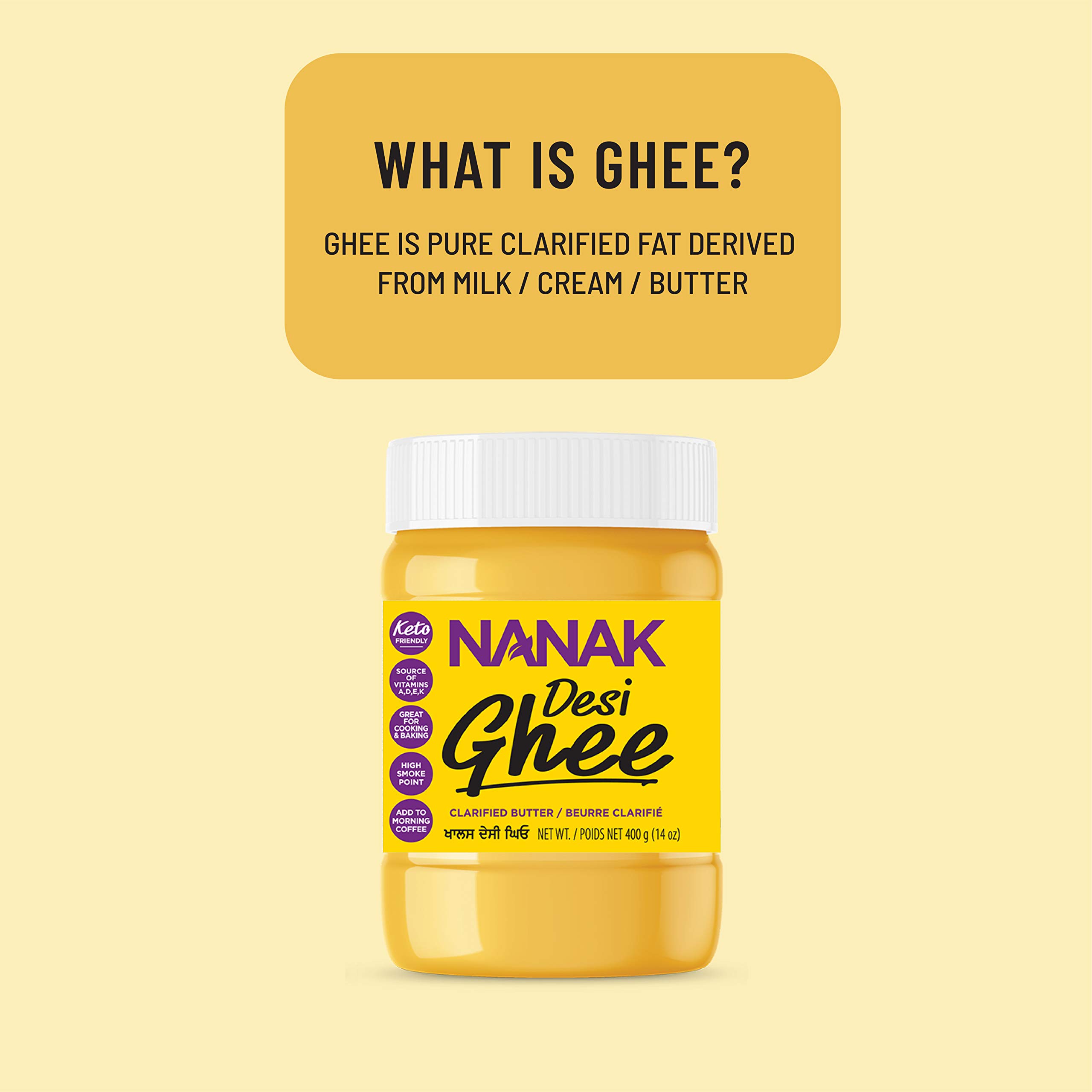 Nanak Desi Ghee Clarified Butter - Premium Quality, Keto Friendly, Certified Paleo, Lactose-Free, Source of Vitamins A & D Great Alternative for Butter Suitable for Cooking (14 oz)