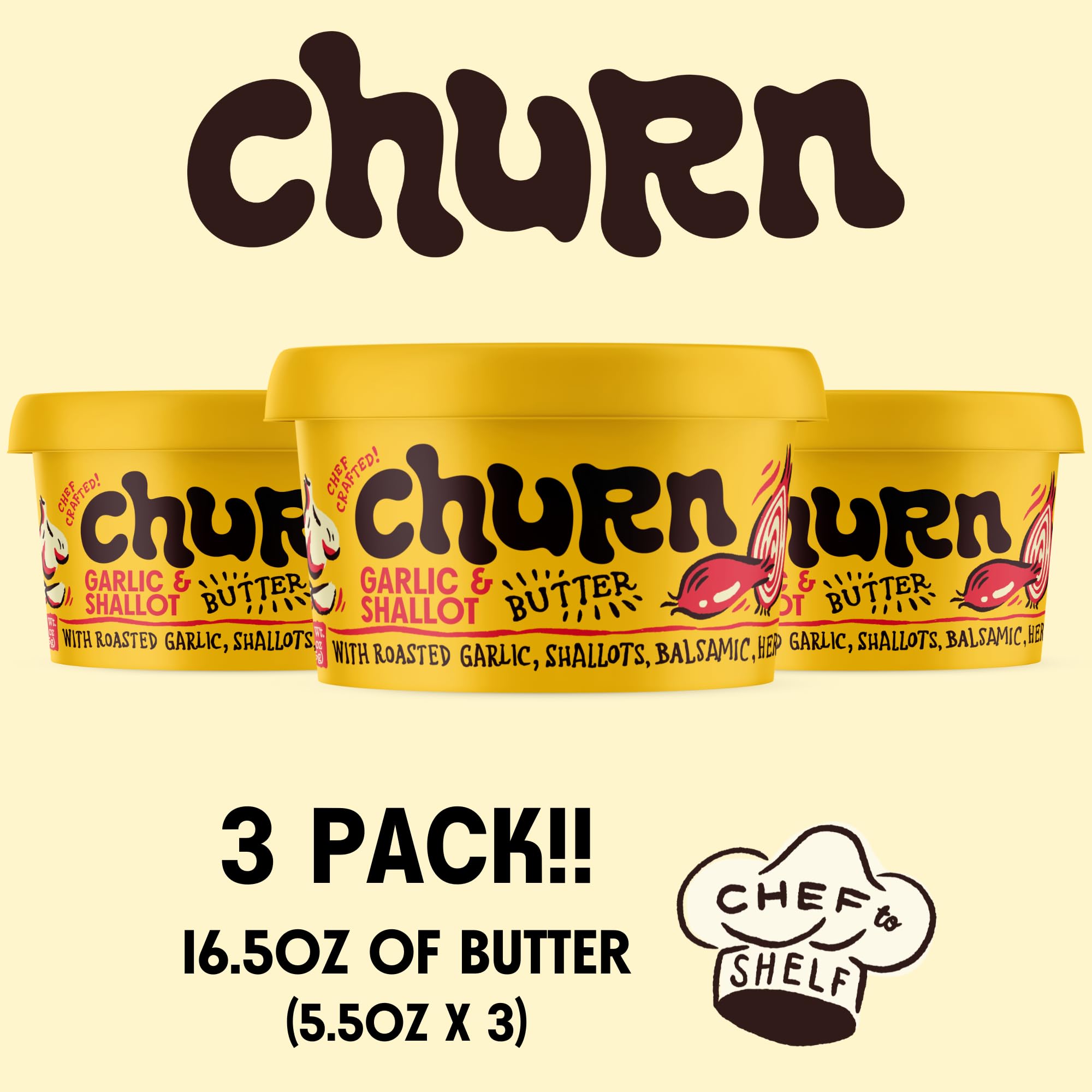 Churn Garlic & Shallot Butter, Flavored Butter Churned with Organic Grass Fed Butter (5.5oz, Pack of 3) - Non-GMO, Hormone-Free, Compound and Finishing Butter