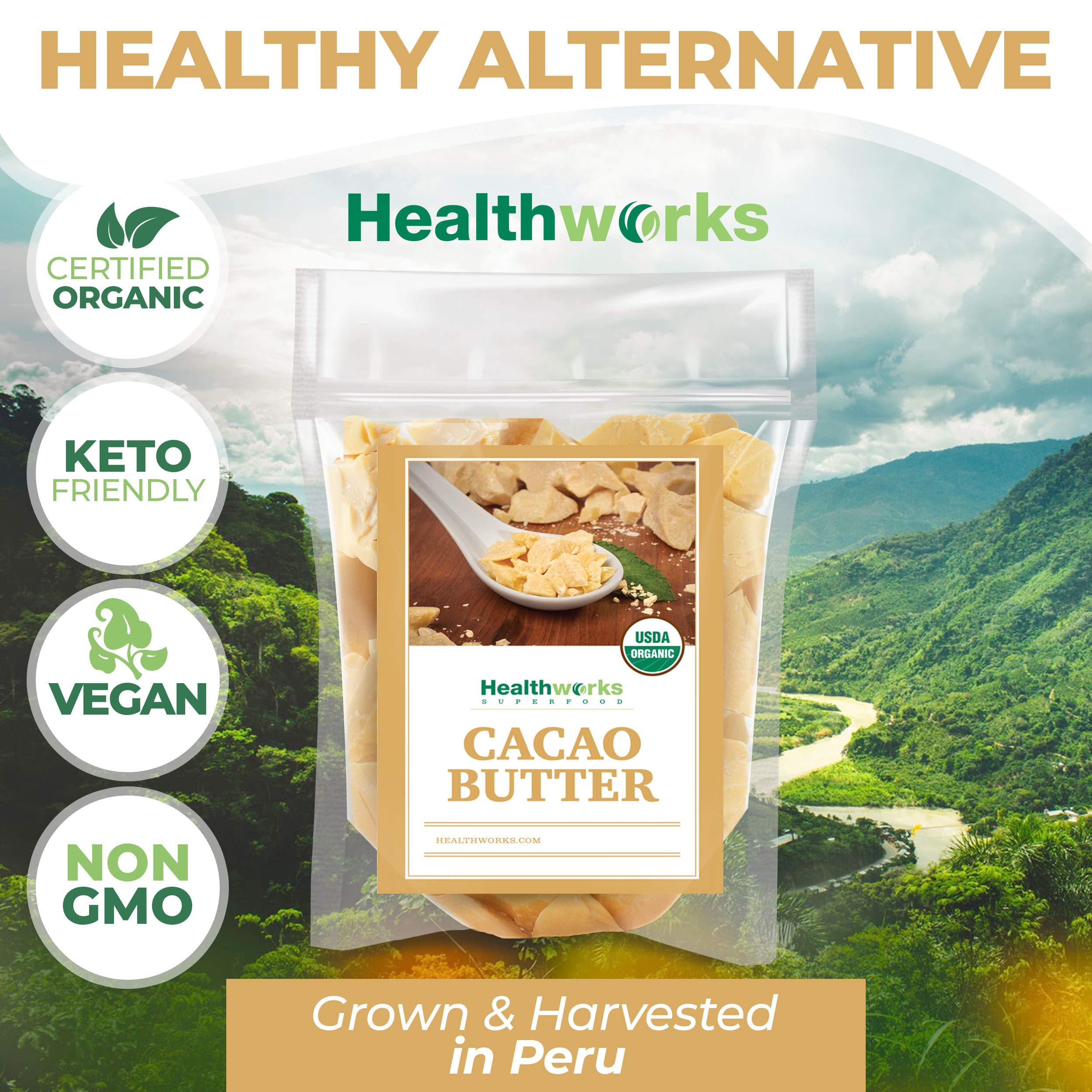 Healthworks Cacao Butter (32 Ounces / 2 Pounds) Organic | Unrefined Non-Deodorized Cocoa | Certified Organic from Peru | Sugar-Free, Keto, Vegan & Non-GMO | Antioxidant Superfood