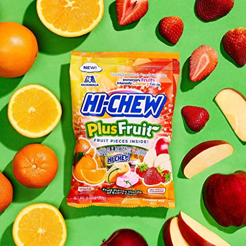 HI-CHEW Plus Fruit Mix, 6 Bags, 2.82oz each - Orange Tangerine & Red Apple Strawberry - Unique Fun Soft & Chewy Taffy Candy - Immensely Juicy Fruit Flavors - Individually Wrapped for Sharing