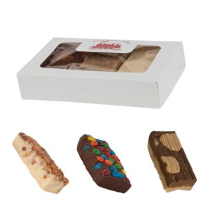 uncle butch's fudge - creamy and smooth candy bar box made with butterfinger, m&ms, & peanut butter chocolate - decadent and delicious handcrafted fudge gift box (24oz total)