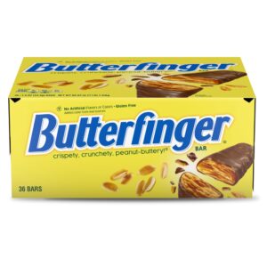 butterfinger, chocolatey, peanut-buttery, full size individually wrapped candy bars, 1.9 oz each, bulk 36 pack