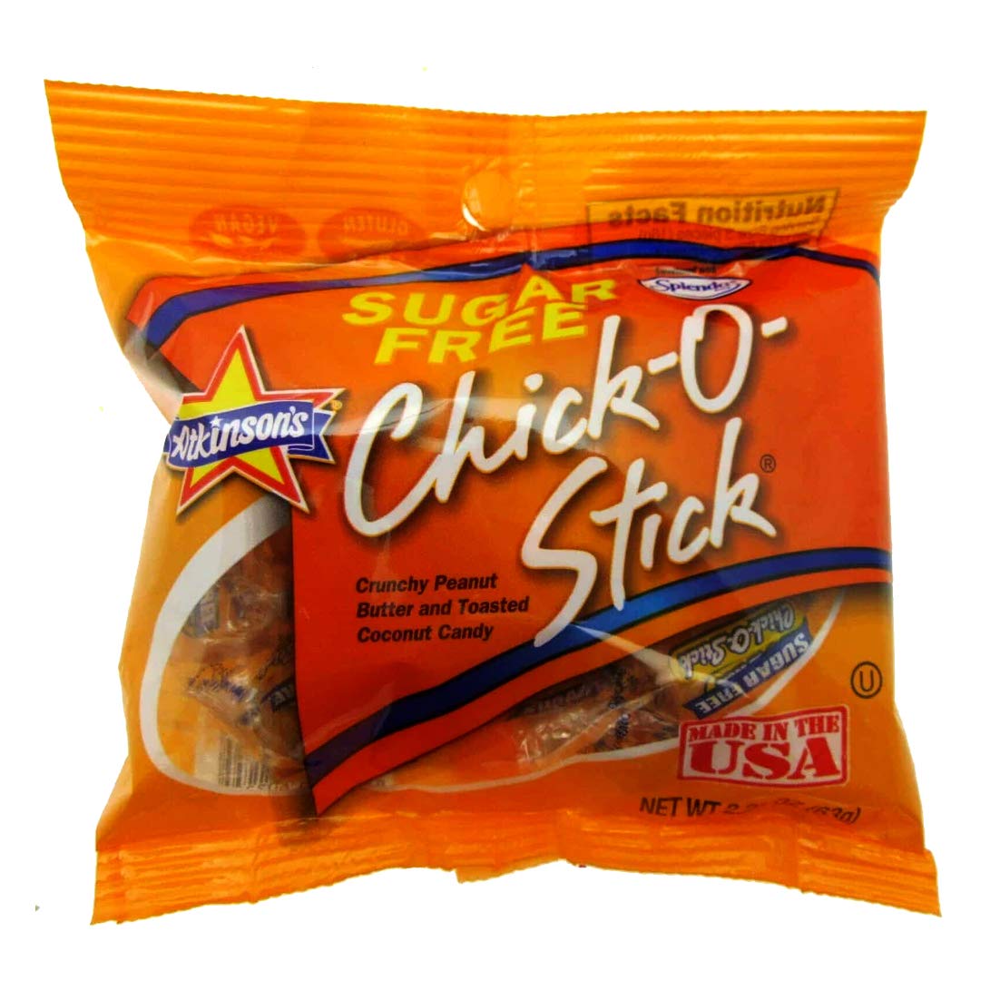 Atkinsons (1) Bag Chick-O-Stick Sugar Free - Crunchy Peanut Butter and Toasted Coconut Candy - Sweetened with Splenda - Made in the USA - Net Wt. 2.25 oz