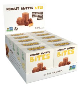 pasokin | cocoa crunch natural peanut butter bites | kosher, gluten free, vegan, protein snack | crunchy and creamy | chocolate pacoca made in usa, 0.5 oz bites [20 count]