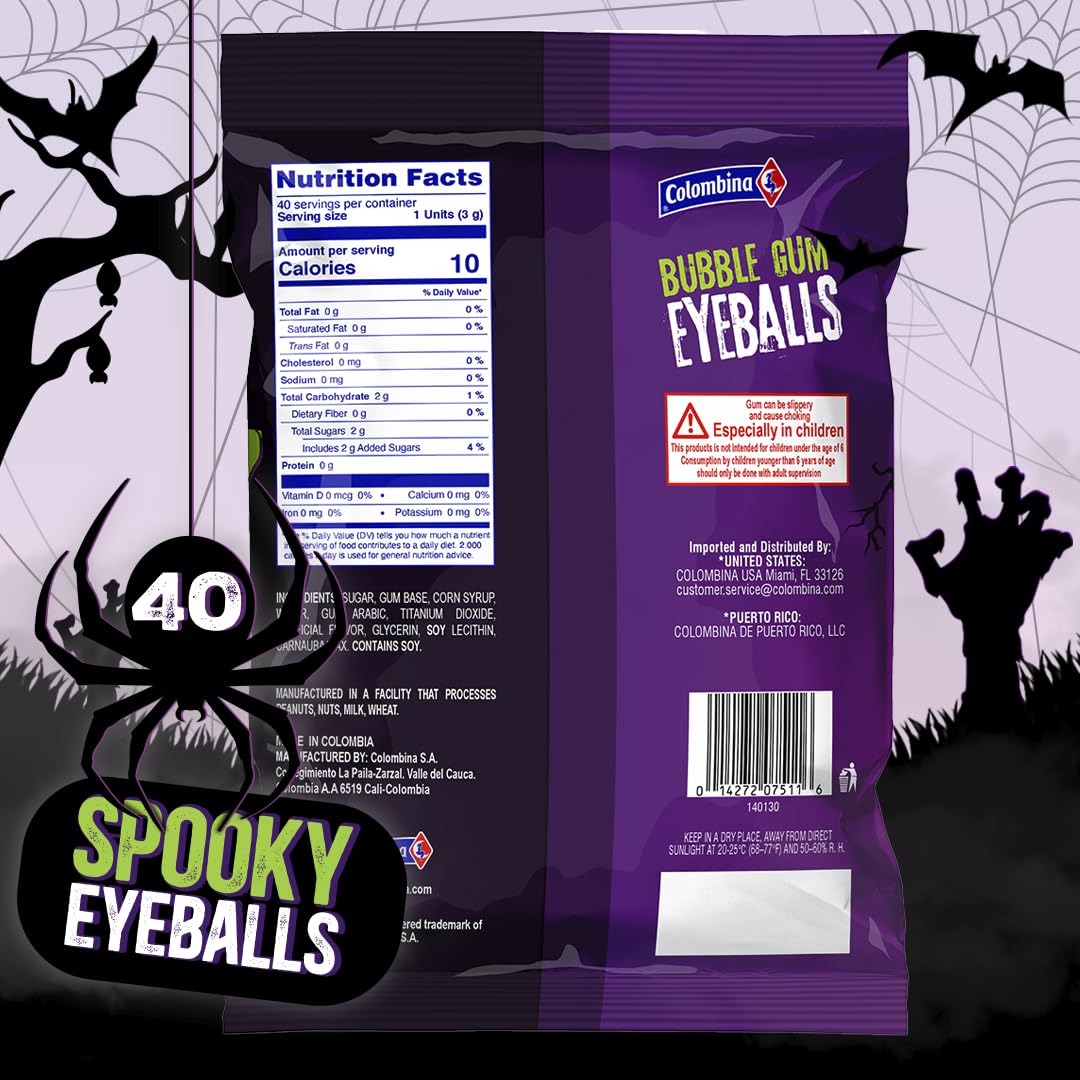 Colombina Bubble Gum Eyeballs, 40 Individually Wrapped Eye-Like Bubble Gum Balls, Ideal for Halloween and Spooky Decoration, 4.2oz (Pack of 1)