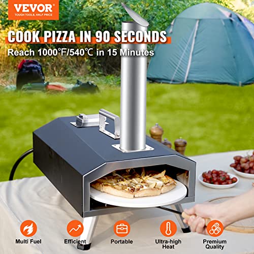 VEVOR Multi-fuel Outdoor Pizza Oven, 12-inch Gas & Wood Fired Pizza Maker with Auto Rotatable Stone, Portable Pizza Ovens for Outside Backyard Camp, Carry Cover, Shovel, CSA Certified, Black