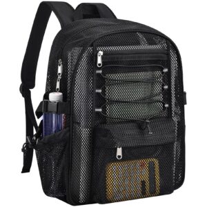 uease mesh backpack heavy duty for school, 23l mesh bookbag for adults, see through black mesh school bag with laptop pocket for work swimming beach fitness sport