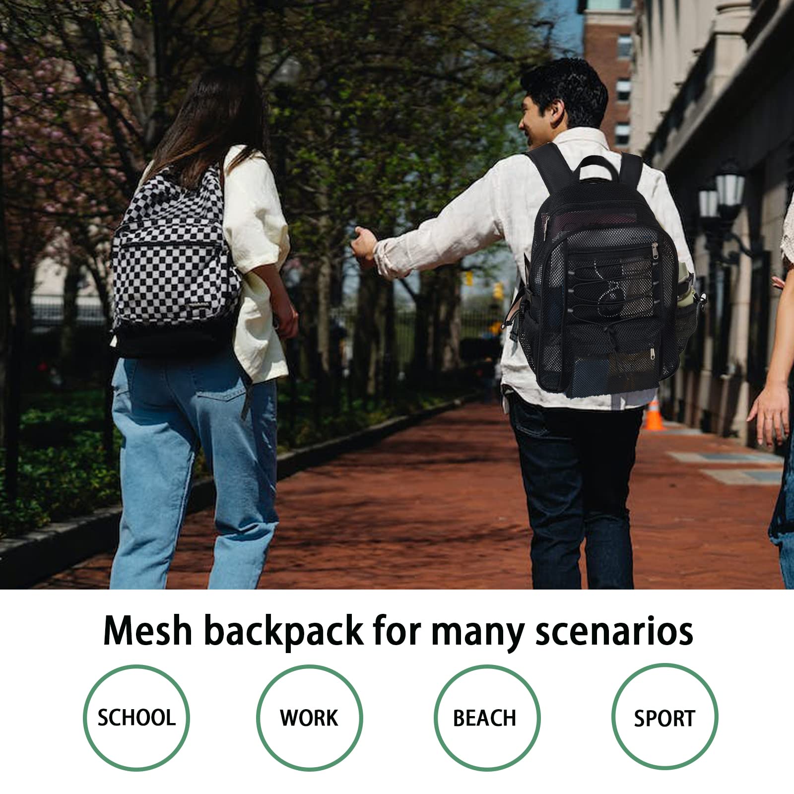 UEASE Mesh Backpack Heavy Duty for School, 23L Mesh Bookbag for Adults, See Through Black Mesh School Bag with Laptop Pocket for Work Swimming Beach Fitness Sport