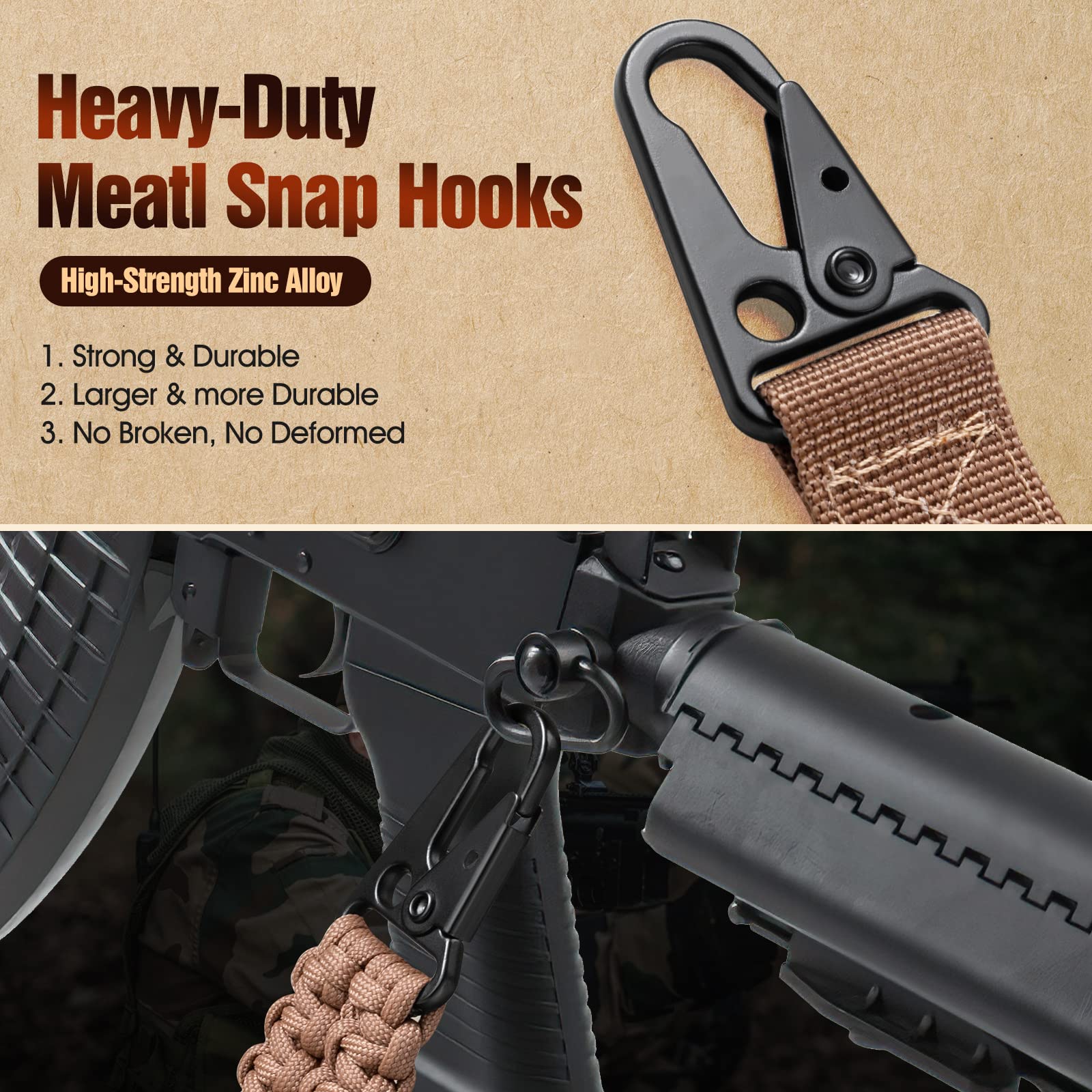 VVAAGG 2 Point QD Sling Adjustable 550 Paracord Sling with Metal Hook and QD Sling Swivels for Hunting (Tan)