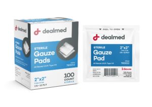 dealmed sterile gauze pads – 100 count, 2’’ x 2’’ disposable and individually wrapped gauze pads, wound care product for first aid kit and medical facilities