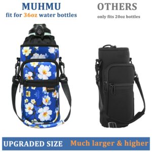 MUHMU Water Bottle Carrier Bag, 36oz Bottle Pouch Holder, Adjustable Shoulder Hand Strap 2 Pocket Sling Neoprene Sleeve Sports Water Bottle Accessories for Men Women Hiking Travelling Camping, Black