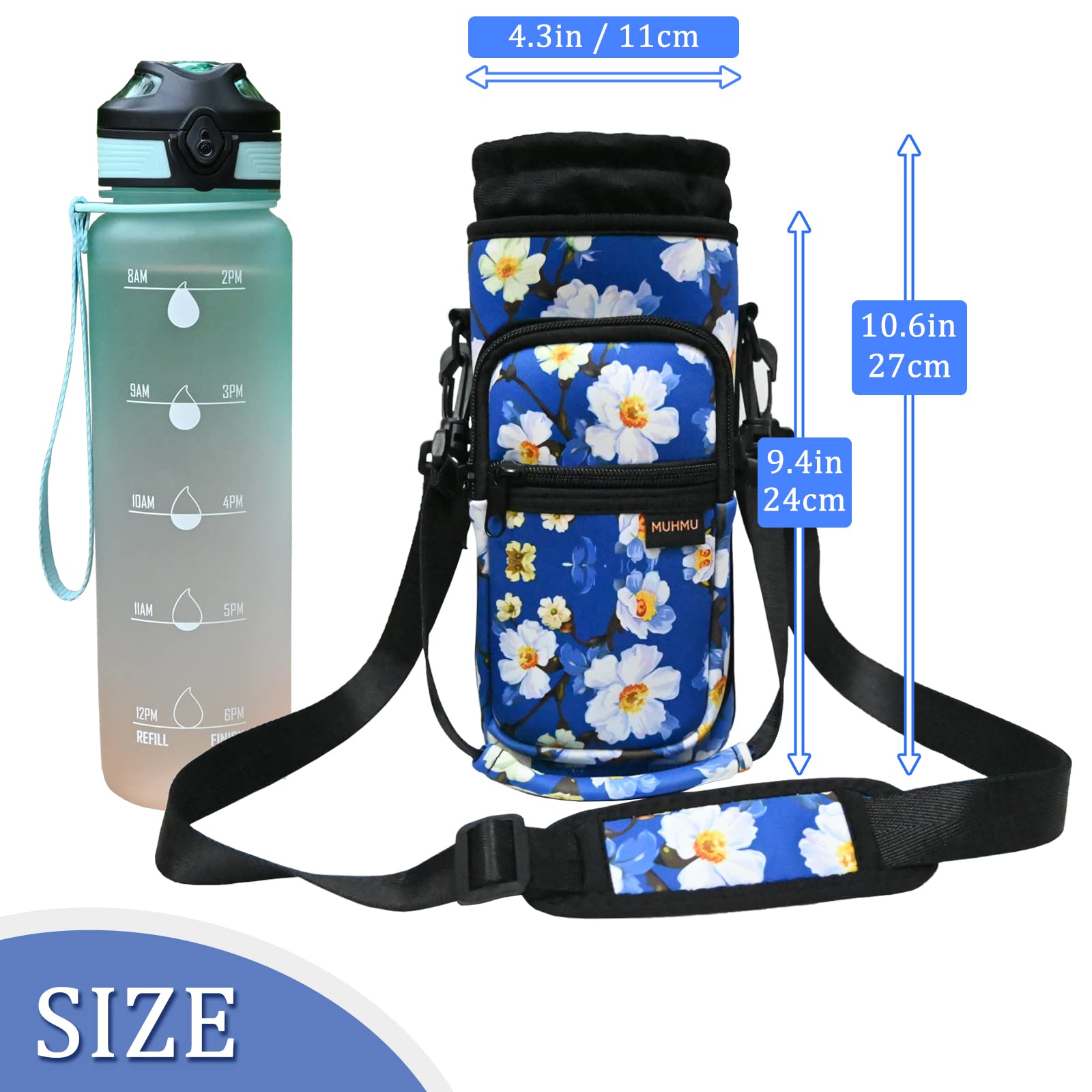 MUHMU Water Bottle Carrier Bag, 36oz Bottle Pouch Holder, Adjustable Shoulder Hand Strap 2 Pocket Sling Neoprene Sleeve Sports Water Bottle Accessories for Men Women Hiking Travelling Camping, Black