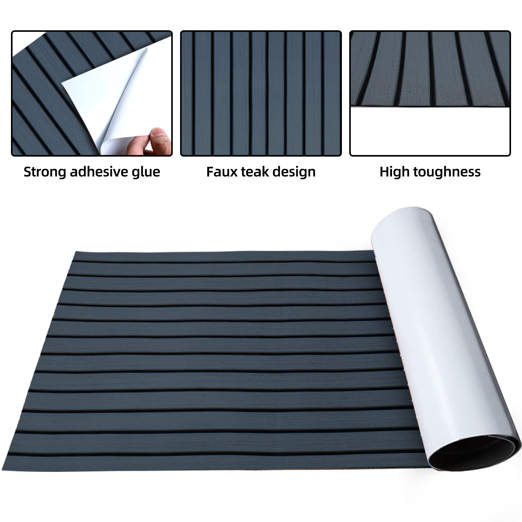 FOCEAN Boat Flooring EVA Foam Boat Decking Faux Teak Marine Flooring Boat Mat Boat Carpet Sheet for Motorboat RV Yacht Kayak Surfboard, 94.5''x 47.2'', Dark Grey+Black Lines