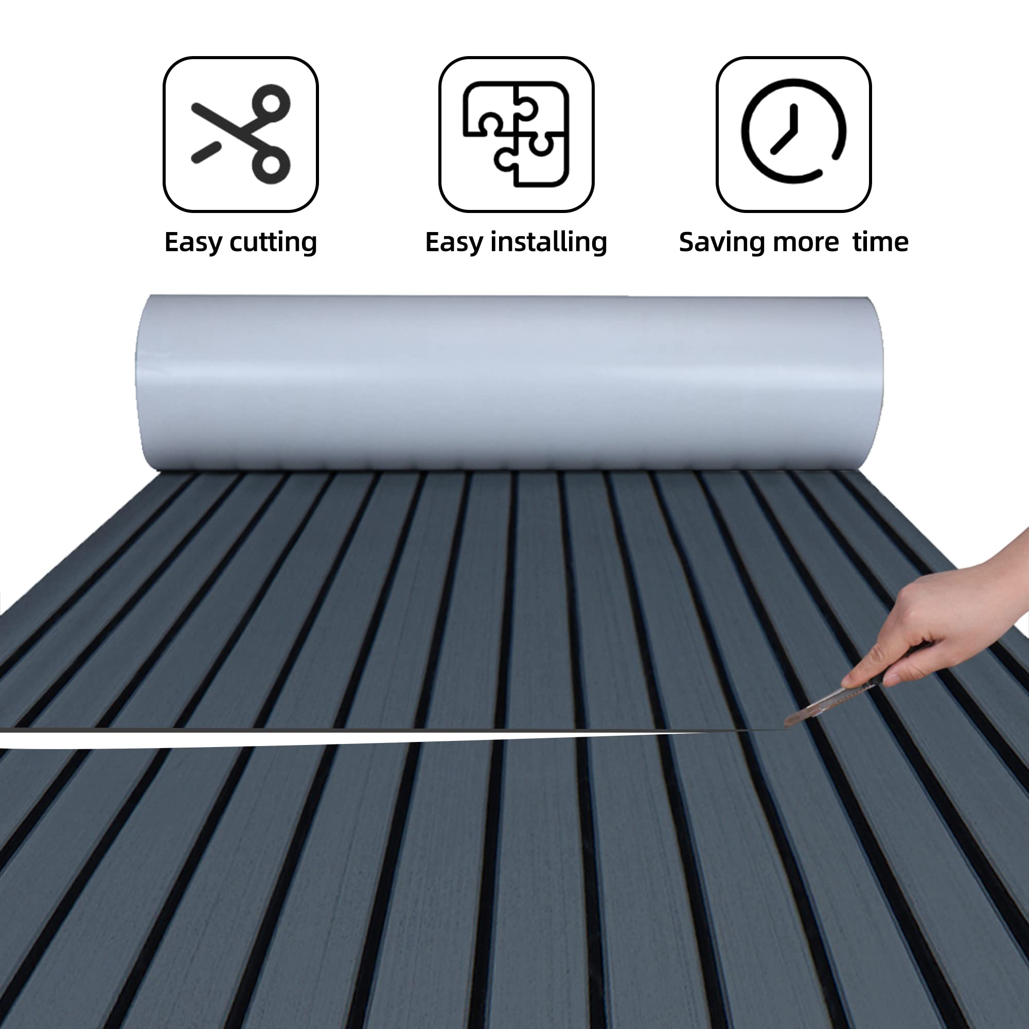 FOCEAN Boat Flooring EVA Foam Boat Decking Faux Teak Marine Flooring Boat Mat Boat Carpet Sheet for Motorboat RV Yacht Kayak Surfboard, 94.5''x 47.2'', Dark Grey+Black Lines