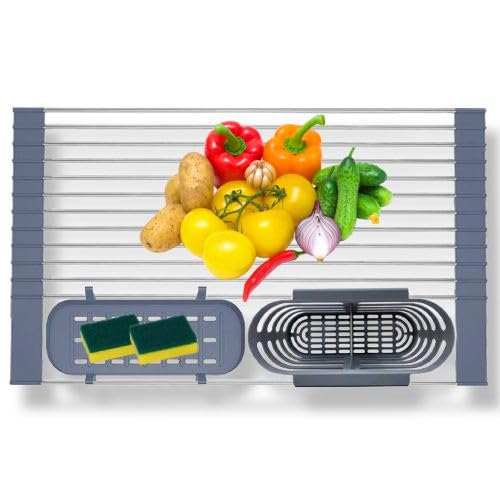 Extra Large Expandable Roll Up Dish Drying Rack with 2 Storage Baskets Foldable Sink Rack Over Sink Dryer Rack with Utensil Holder for Kitchen Counter 304 Stainless Steel Dish Drainer - 22.8"x12.7"