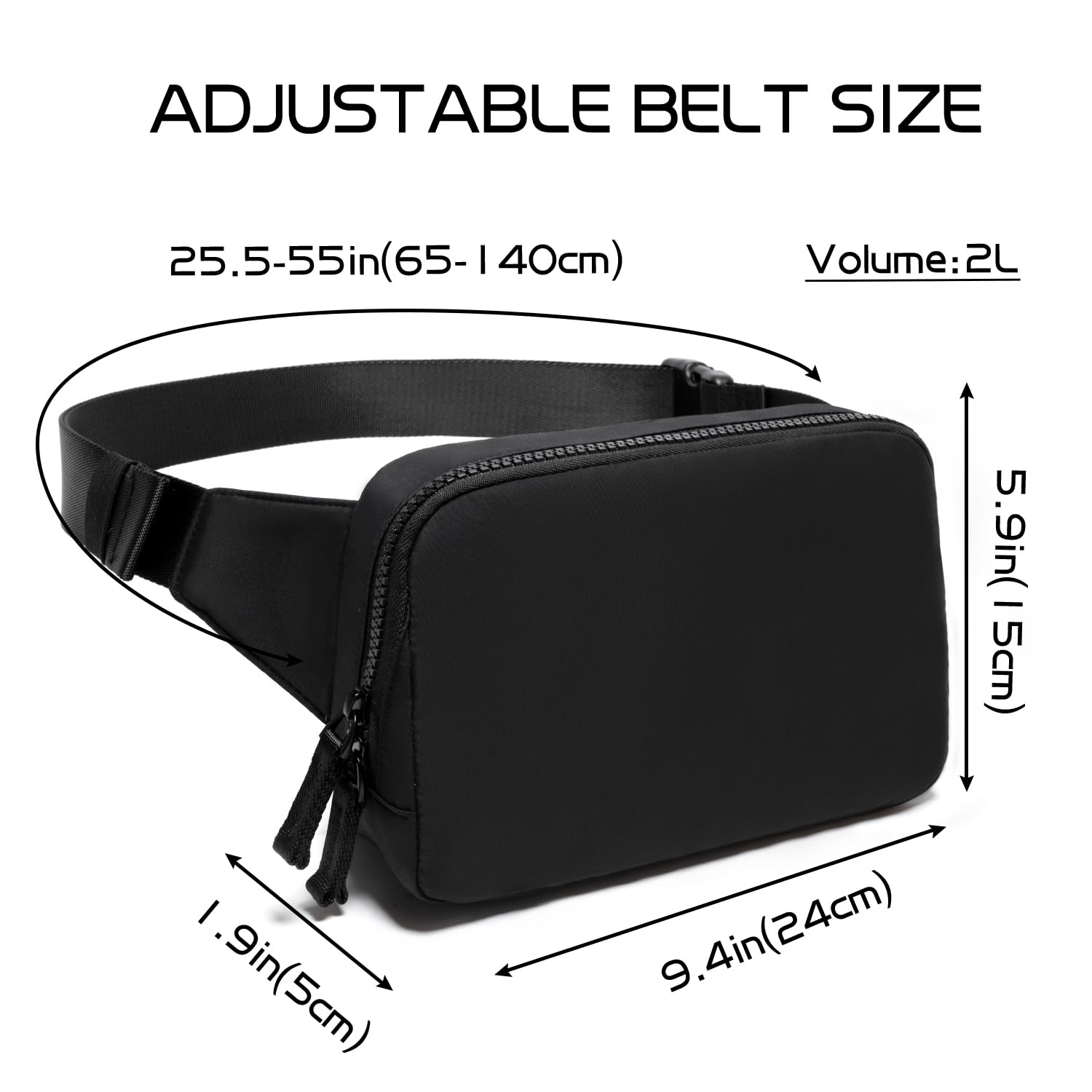 Belt Bag for Women and Men 2L Large Crossbody Fanny Pack Fashion Waist Packs with Adjustable Strap for Travel Workout Gifts for Teen Boys Women Men (Black)