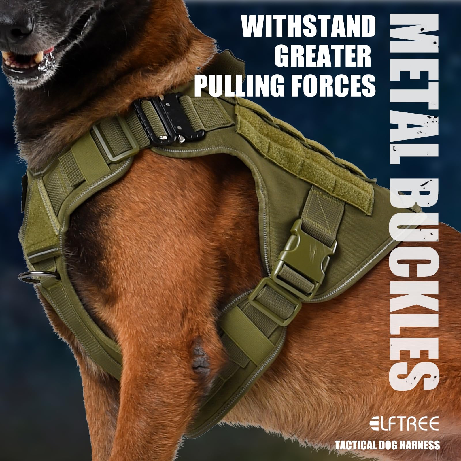 ELFTREE Tactical Dog Harness, 2X Metal Buckle, Military Reflective Dog Harness with Hidden Airtag Holder and Handle, Adjustable No-Pull Service Dog Vest with Molle & Loop Panels