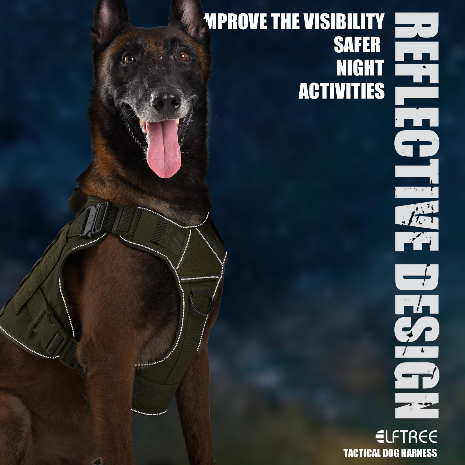 ELFTREE Tactical Dog Harness, 2X Metal Buckle, Military Reflective Dog Harness with Hidden Airtag Holder and Handle, Adjustable No-Pull Service Dog Vest with Molle & Loop Panels