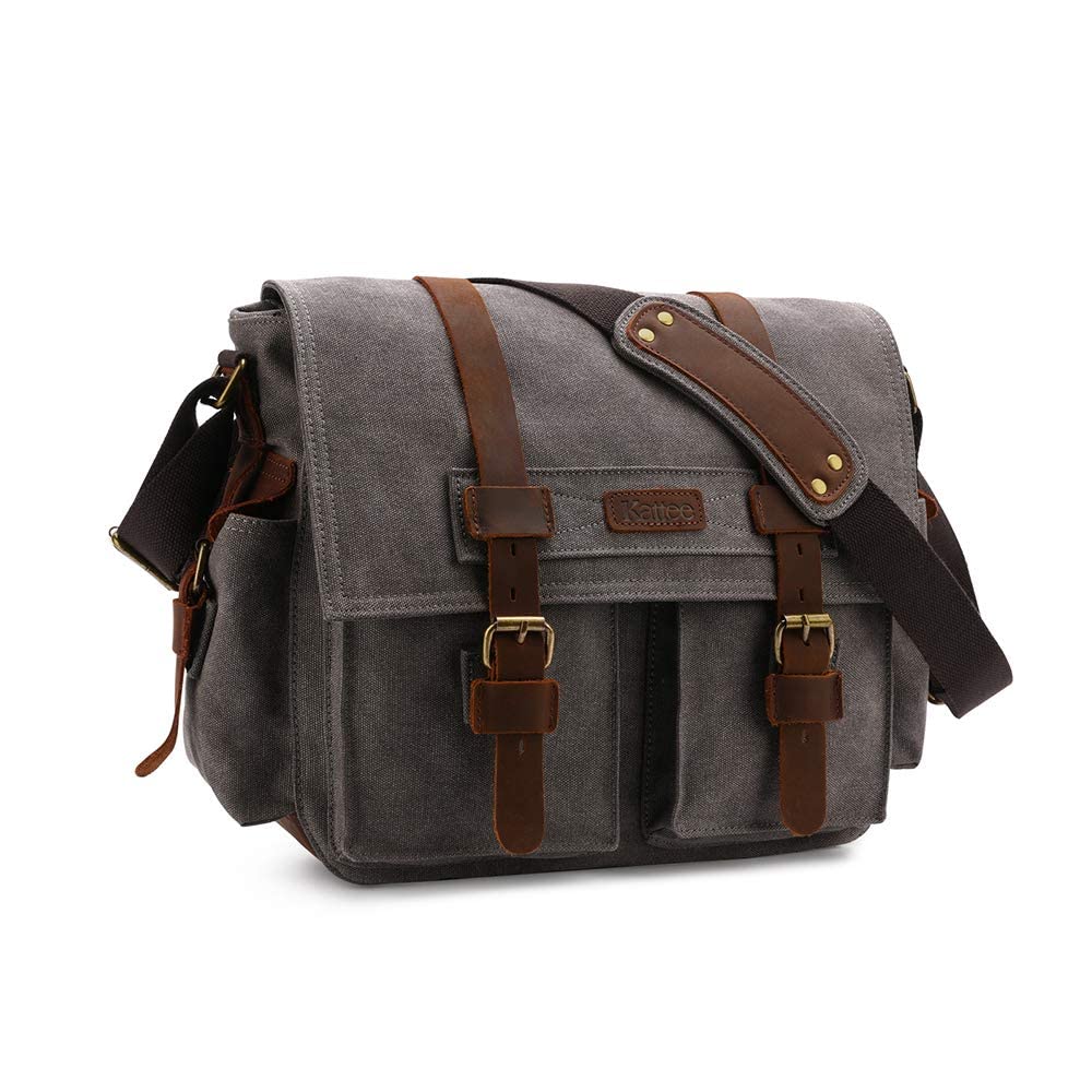 Kattee Men's Canvas Cow Leather DSLR SLR Vintage Camera Shoulder Messenger Bag Dark Gray