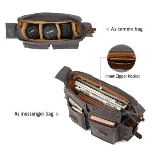 Kattee Men's Canvas Cow Leather DSLR SLR Vintage Camera Shoulder Messenger Bag Dark Gray