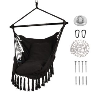 ciouper hammock chair hanging rope swing with stylish tassels - max 500 lbs - 2 cushions included - heavy-duty steel spreader bar with anti-slip rings - for any indoor or outdoor spaces (grey)