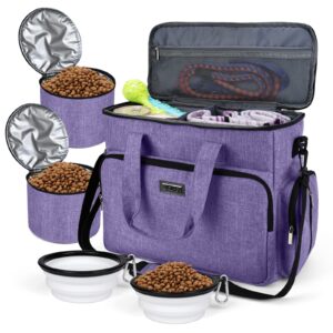 baglher dog travel bag, airline approved pet tote organizer with multi-function pockets, 2 x food storage containers and 2 x collapsible dog bowls, perfect weekend pet travel set for dog, cat purple